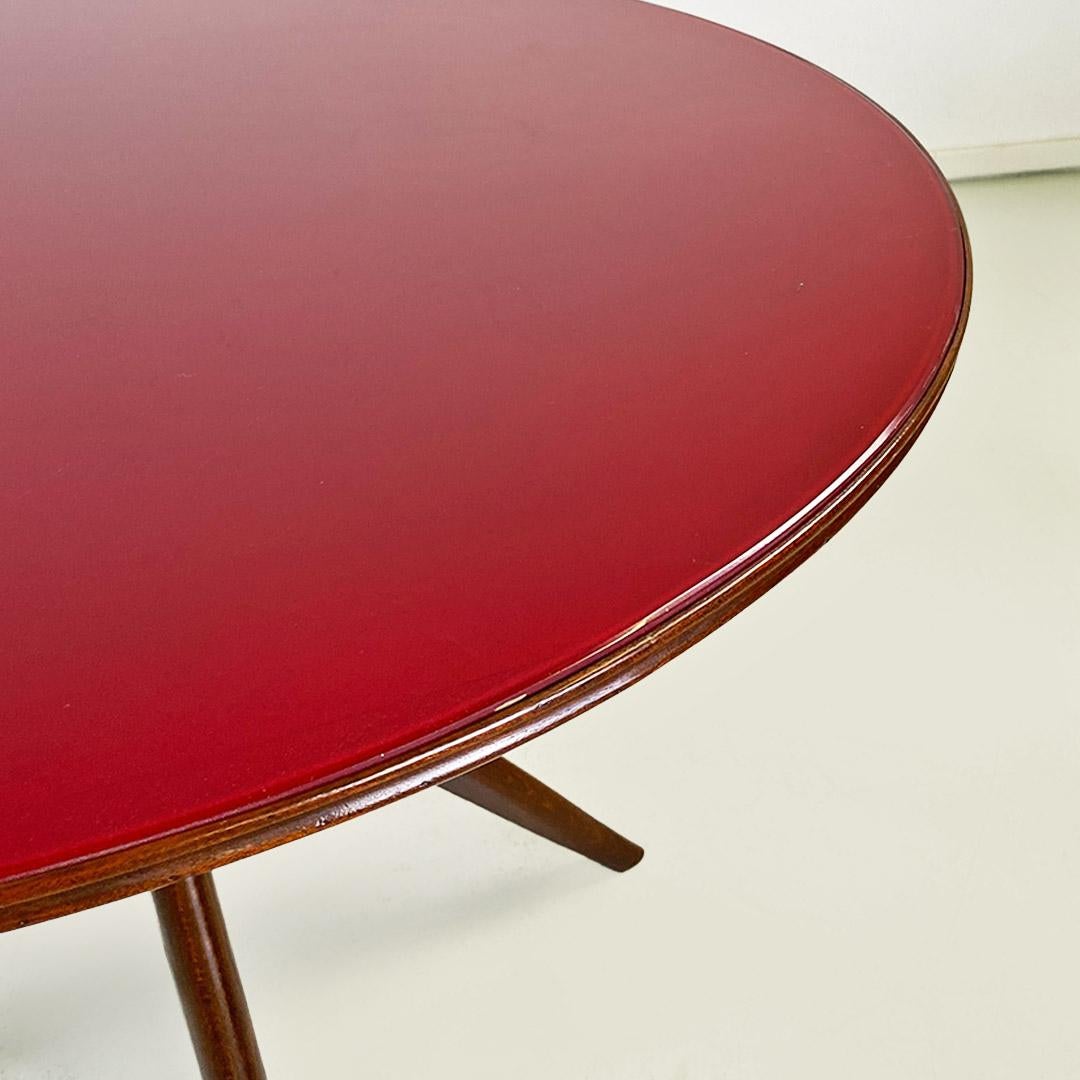 Italian mid century modern red back painted glass and wood round dining ...