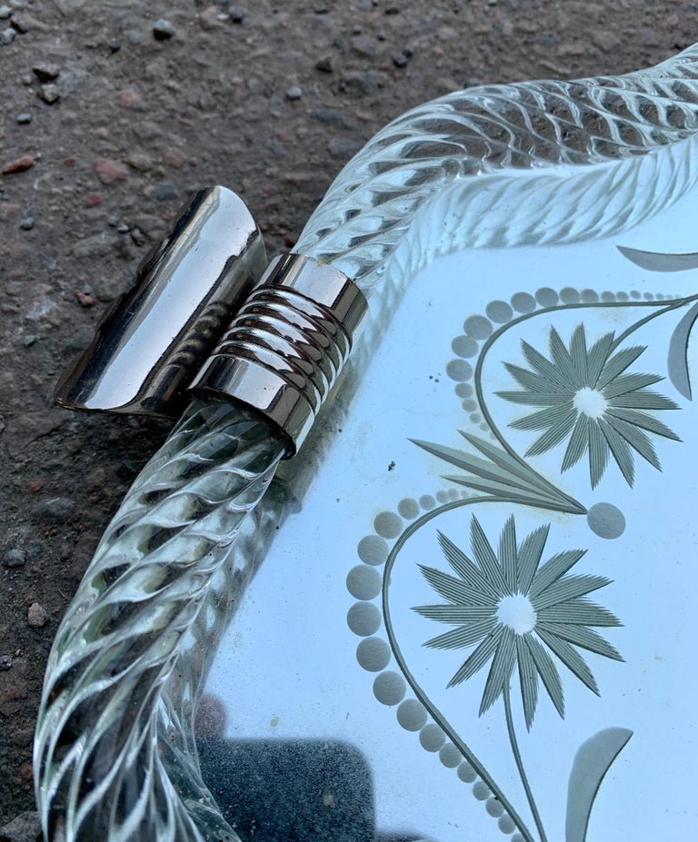 Italian Midcentury Murano Etched Glass Barware Serving Tray at 1stDibs