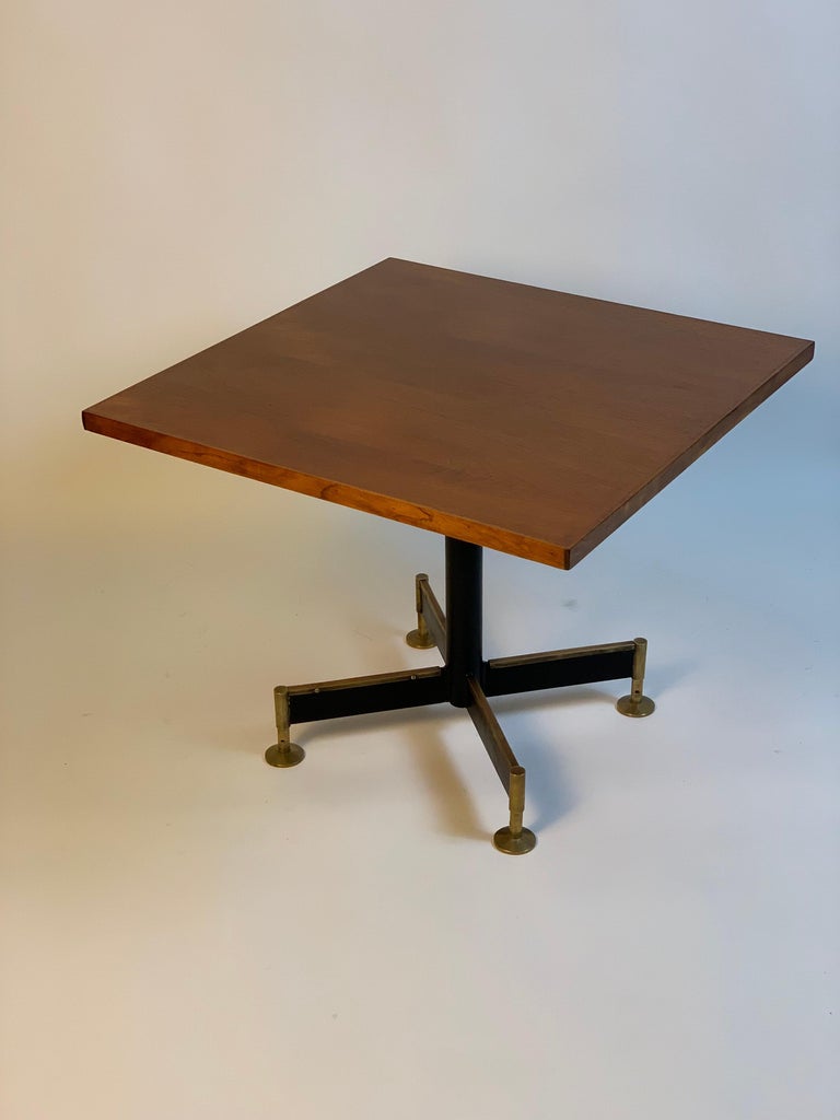 Italian Mid Century Pair Of Side Tables Brass and Black Iron Base Squared Top For Sale at 1stDibs