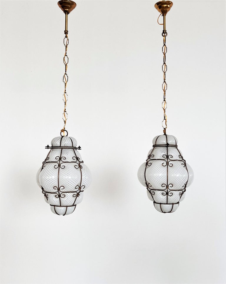 Italian Mid-Century Pair of Venetian Glass Reticello Lantern by Venini ...