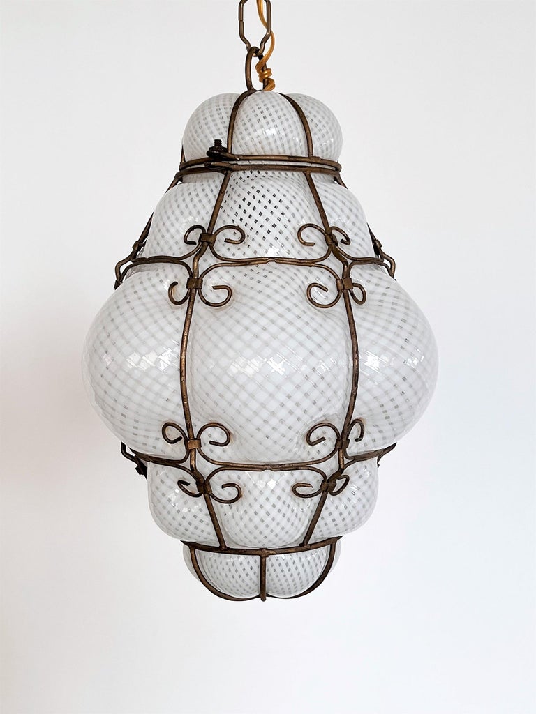 Italian Mid-Century Pair of Venetian Glass Reticello Lantern by Venini ...