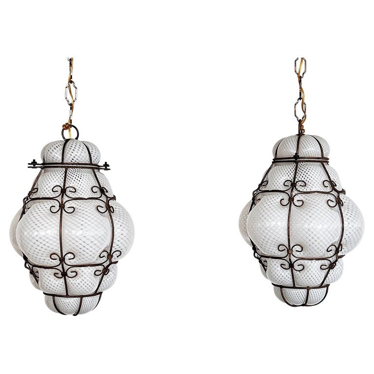 Italian Mid-Century Pair of Venetian Glass Reticello Lantern by Venini ...