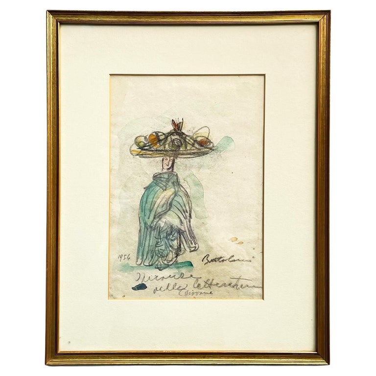 Italian Mid-Century Picturepastel and Watercolor Drawing in Wooden ...