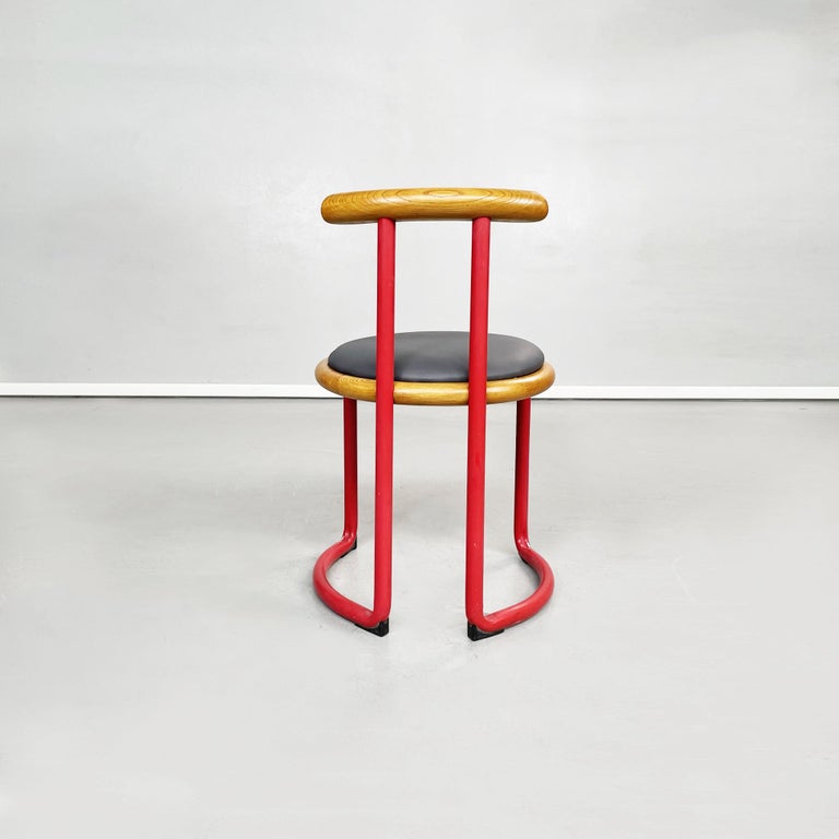 Italian Mid-Century Round Red Metal, Leather Wood Chairs by Tito Agnoli ...