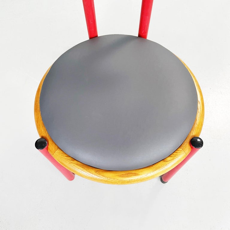 Italian Mid-Century Round Red Metal, Leather Wood Chairs by Tito Agnoli ...