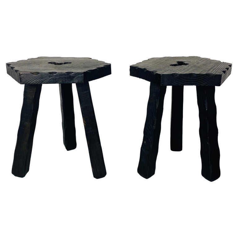 Italian Mid-Century Rustic Three-Legged Wooden Stools with Carved Edge ...