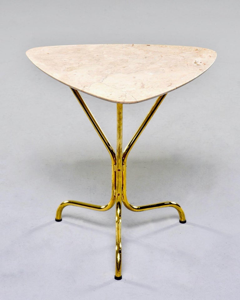 Italian Midcentury Side Table with Brass Base and Travertine Top at 1stDibs