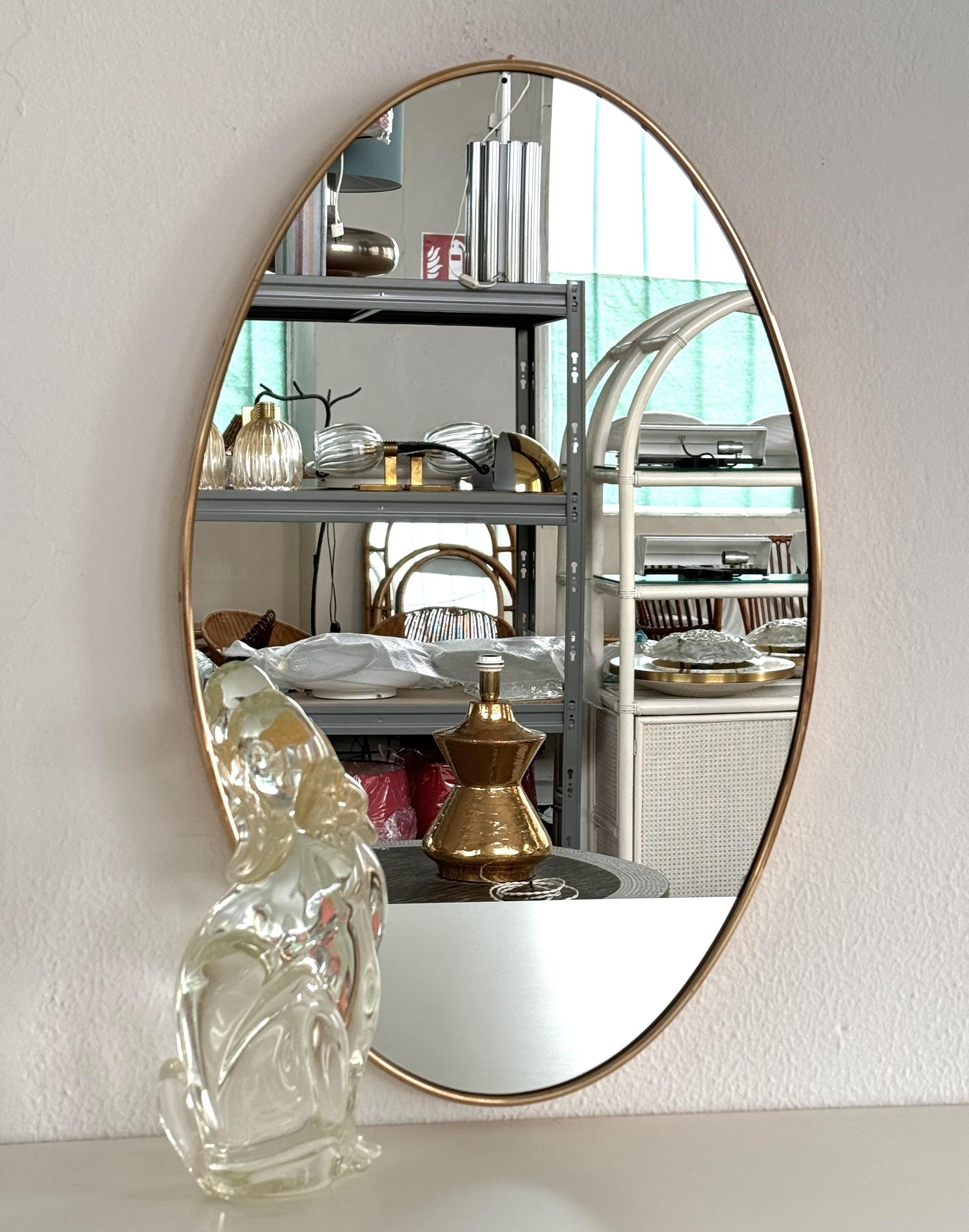 Italian Mid Century Wall Mirror with Original Brass Frame and New Glass ...
