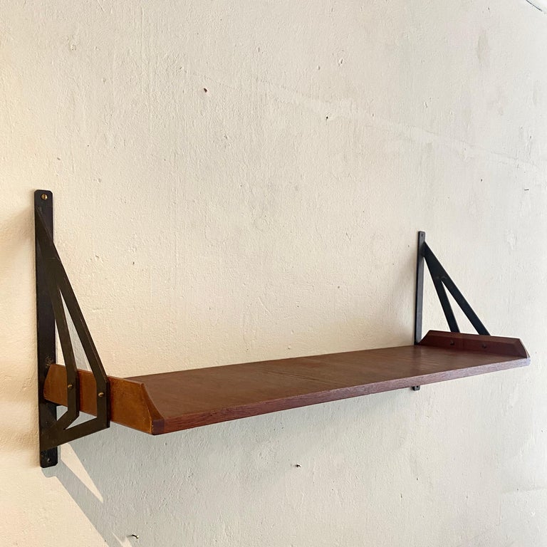 Italian Mid Century Wall Shelf in Teak and Black Lacquered Metal ...