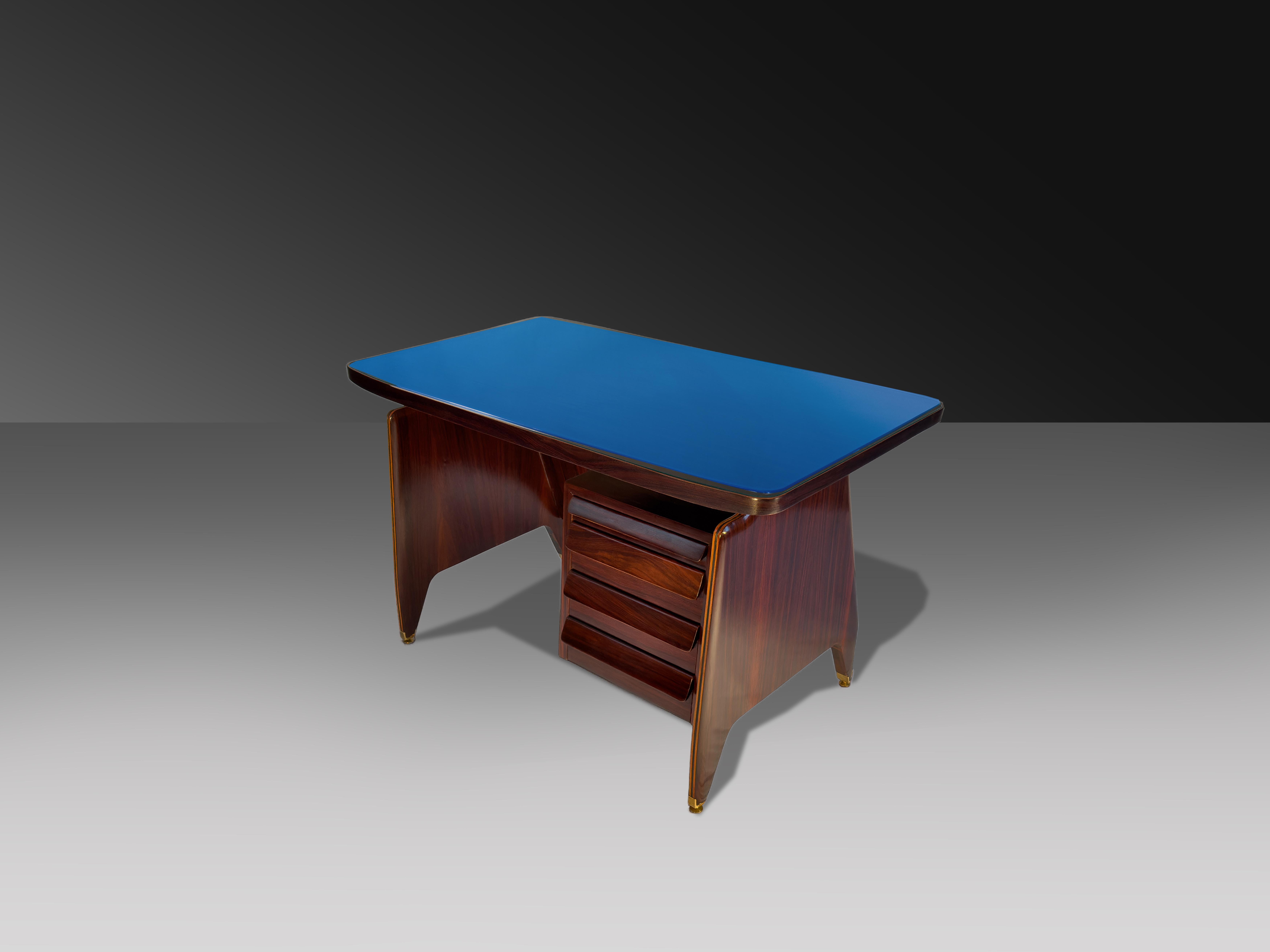 Vittorio Dassi Italian Mid-Century Writing Desk with Blue Glass Top ...