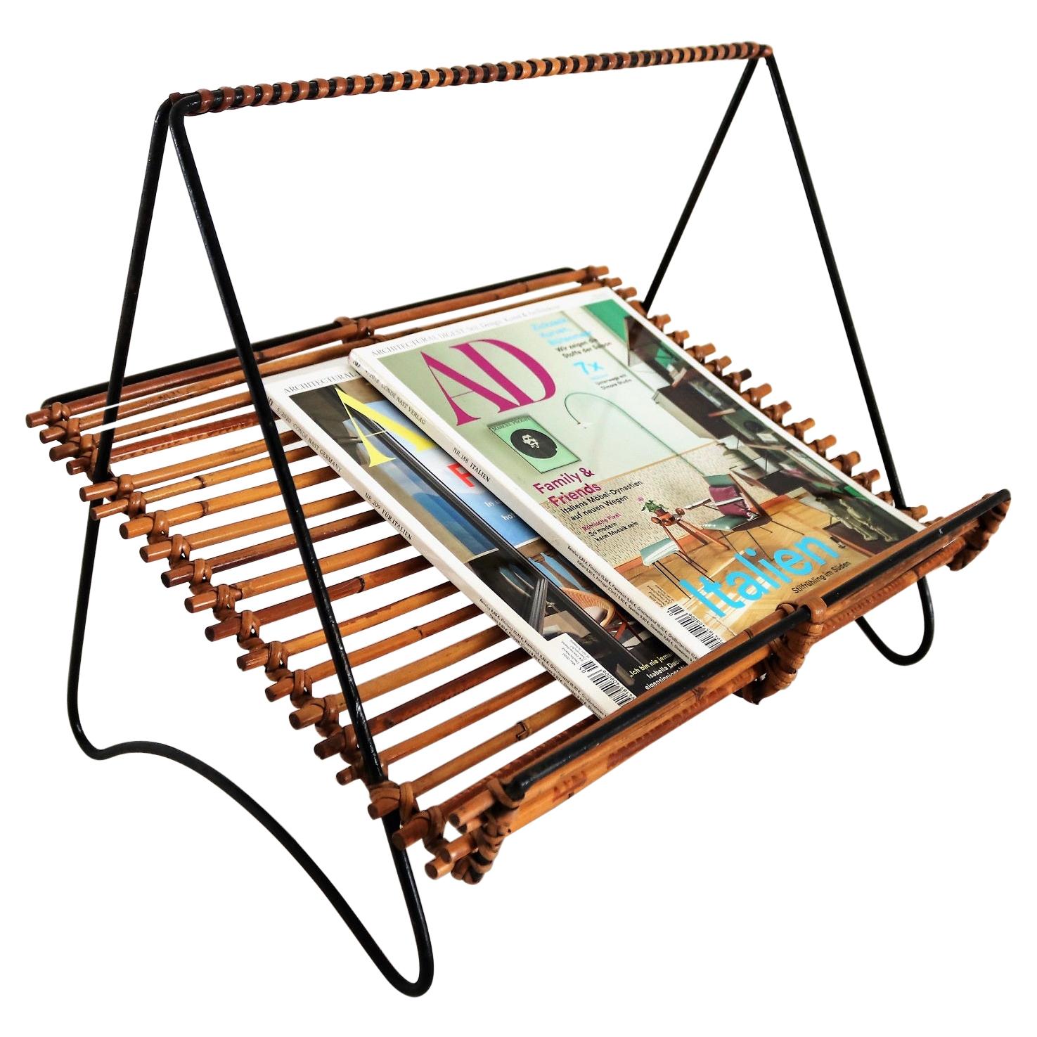 Midcentury Bamboo and Rattan Magazine Rack with Handle, Italian, 1950s ...