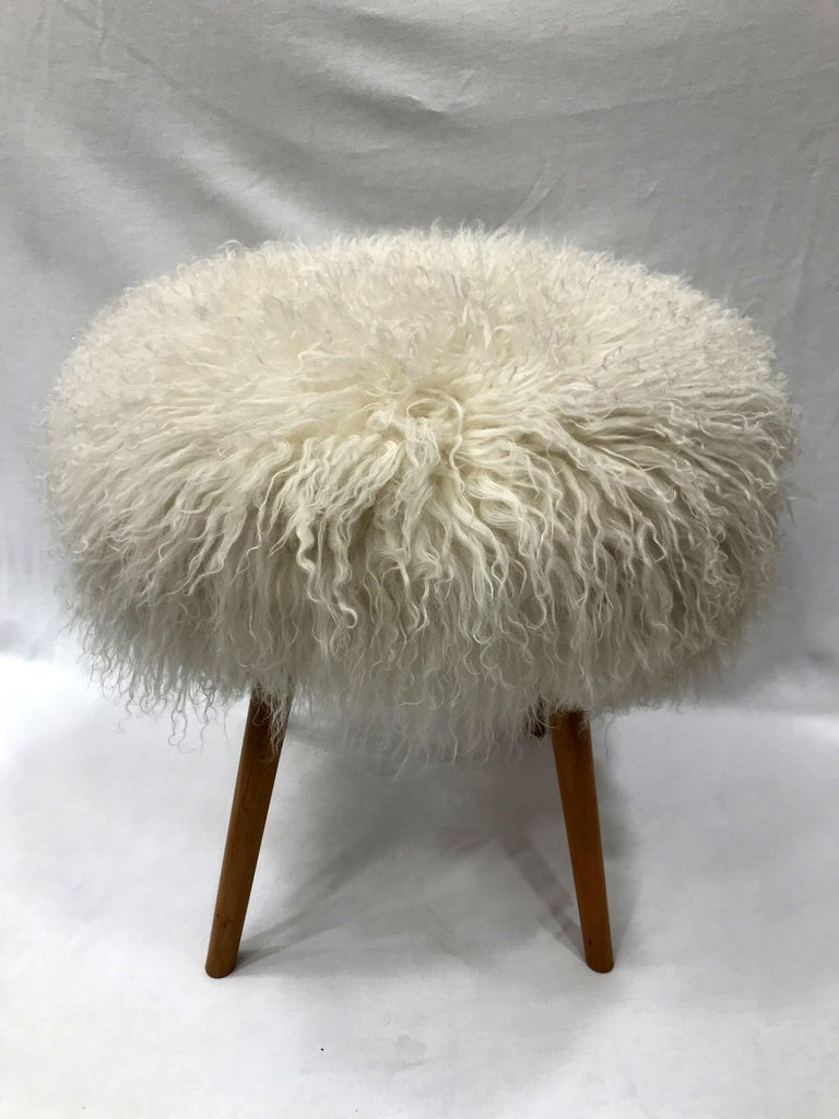 Italian Midcentury Bench Covered with White Mongolian Fur on Beechwood ...