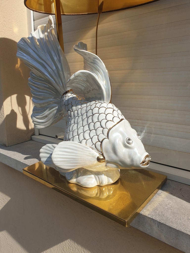 Italian Midcentury Big Ceramic Fish Lamp with Brass Details, 1970s For ...