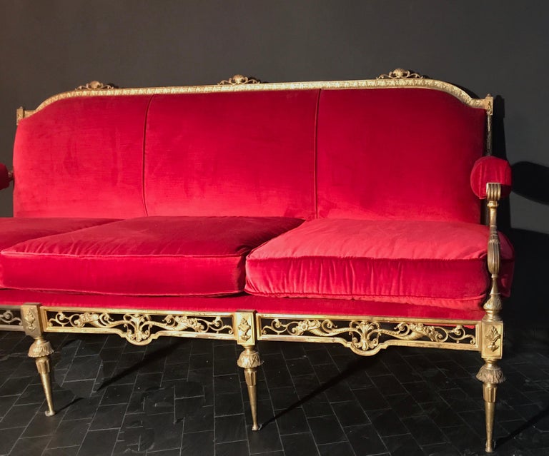 Italian Midcentury Brass and Red Velvet Living Room Set, 1950 at 1stDibs