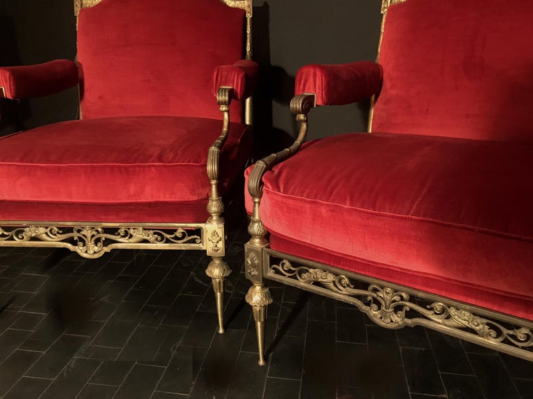 Italian Midcentury Brass and Red Velvet Living Room Set, 1950 at 1stDibs