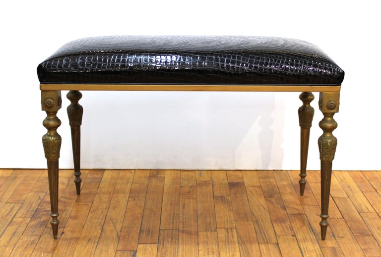 Italian Midcentury Bronze Bench with Faux Alligator Black Patent ...