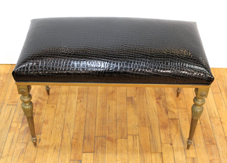 Italian Midcentury Bronze Bench with Faux Alligator Black Patent ...