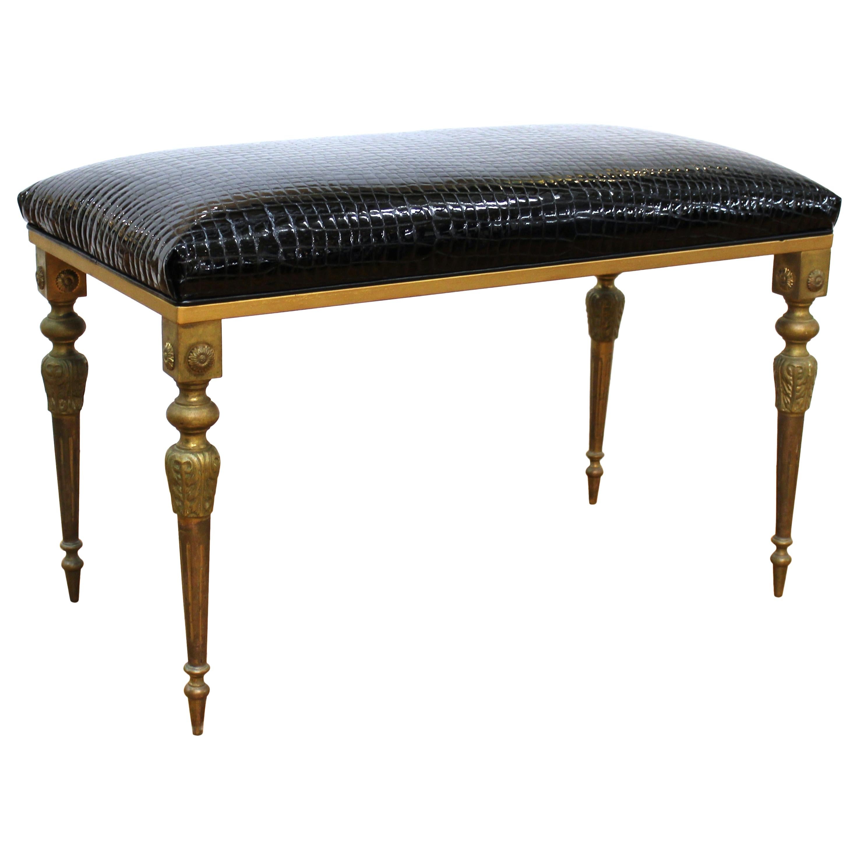 Italian Midcentury Bronze Bench with Faux Alligator Black Patent ...