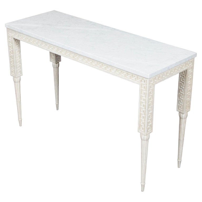 Italian Midcentury Console Table with White Marble Top and Carved Greek ...