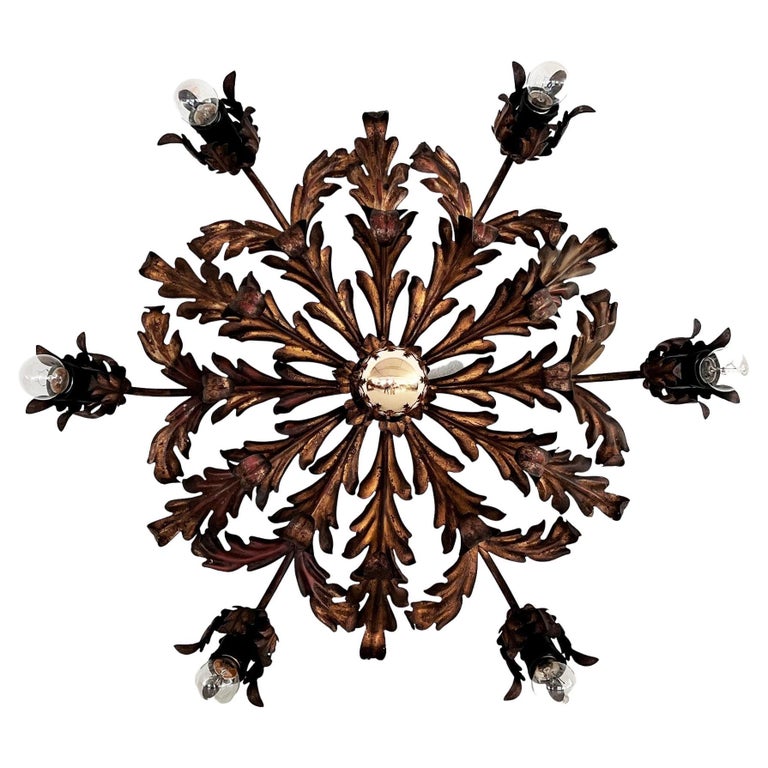 Italian Midcentury Large Gilt Leaf Flushmount Lighting, 1970s at 1stDibs