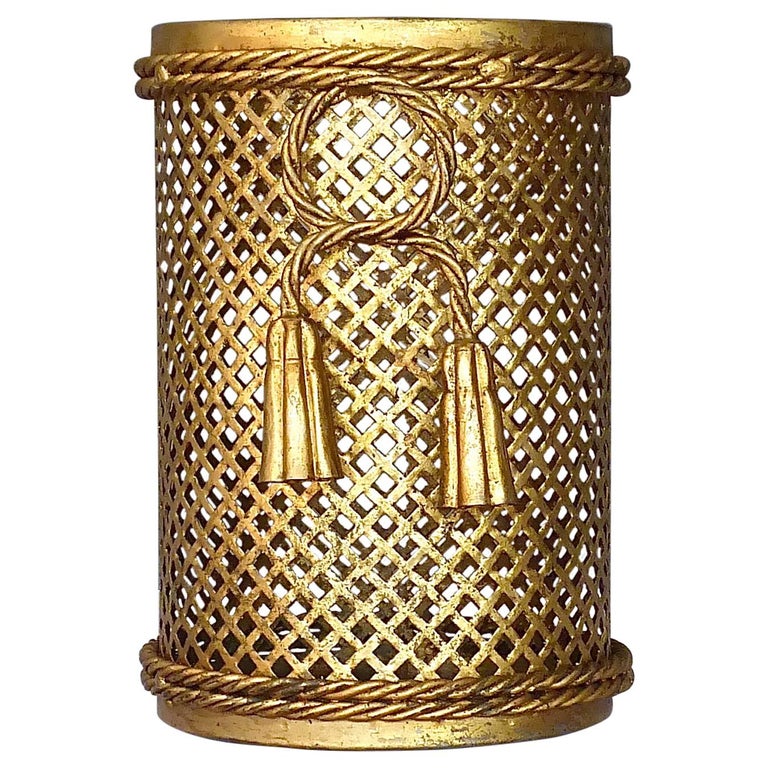 Italian Midcentury Paper Waste Basket Bin Gilt Woven Metal Hans Kögl ...