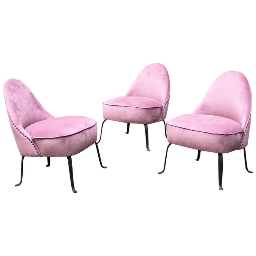 Italian Midcentury Purple Velvet and Metal Legs Set of Armchairs, 1950s ...