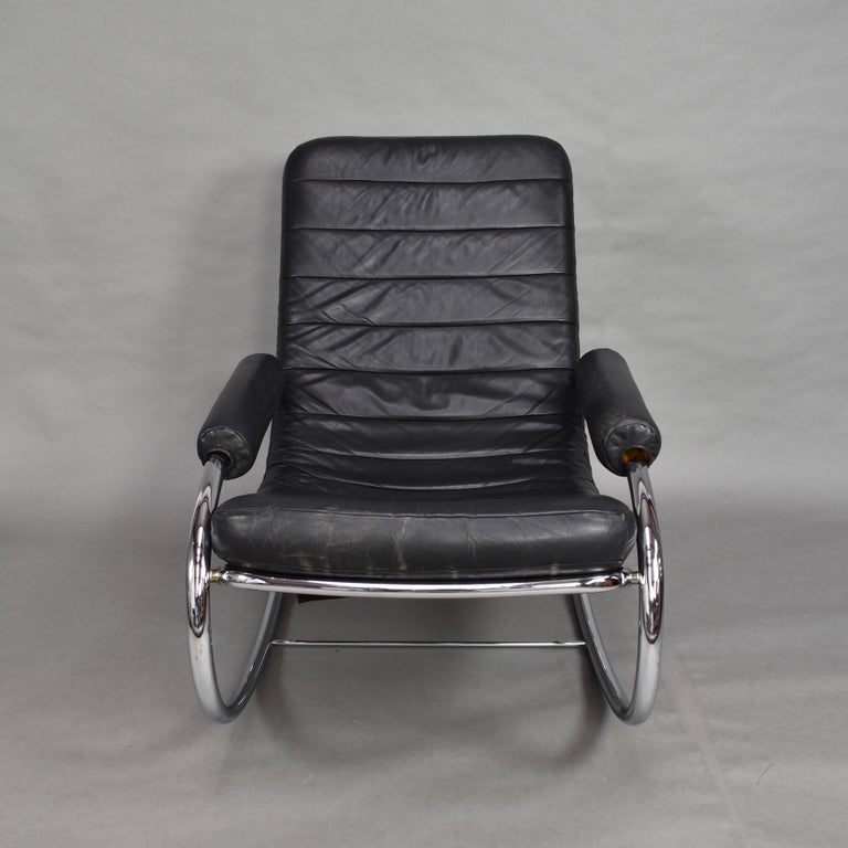 Italian Milo Baughman Style Rocking Chair in Chrome and Leather, circa ...