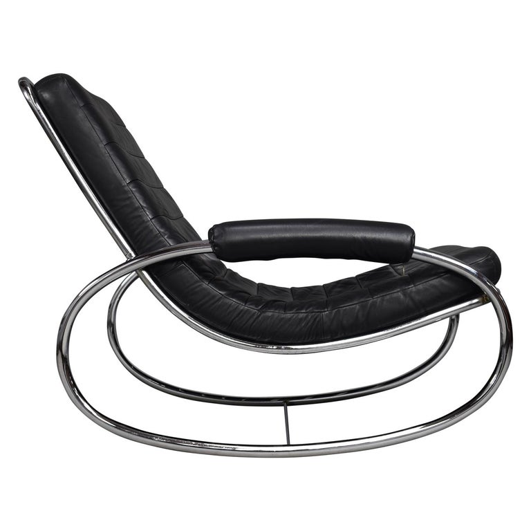 Italian Milo Baughman Style Rocking Chair in Chrome and Leather, circa ...