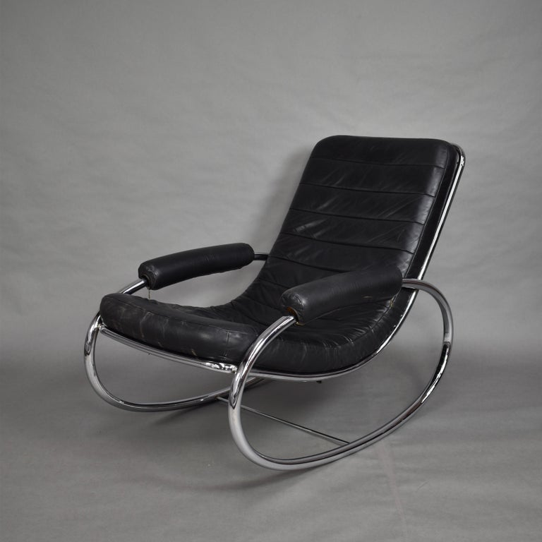 Italian Milo Baughman Style Rocking Chair in Chrome and Leather, circa ...