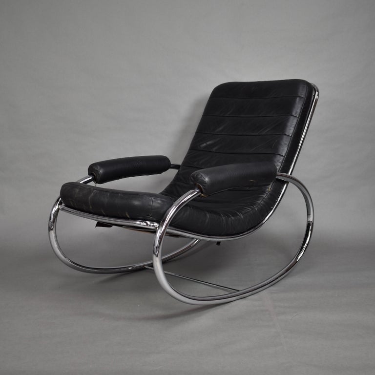 Italian Milo Baughman Style Rocking Chair in Chrome and Leather, circa ...