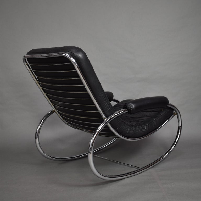 Italian Milo Baughman Style Rocking Chair in Chrome and Leather, circa ...