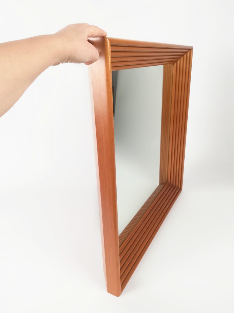 Italian Mirror from the 70s in Fluted Solid Walnut For Sale at 1stDibs