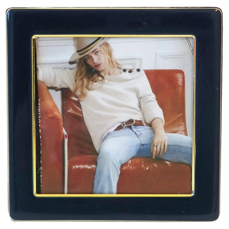 Italian Modern Blue Enamel and Gold Brass Picture Frame For Sale at 1stDibs