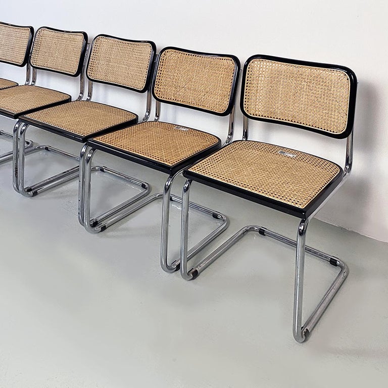 Italian Modern Cesca Style Chairs in Straw, Metal and Glossy Black Wood ...