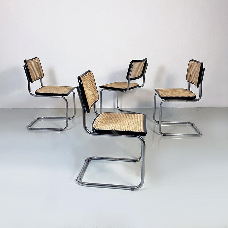 Italian Modern Cesca Style Chairs in Straw, Metal and Glossy Black Wood ...