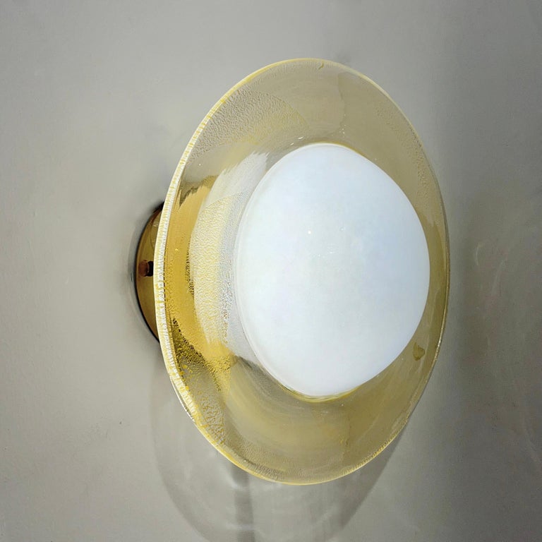 Italian Modern Cream Gold Murano Glass Brass Pair of Round Sconces ...