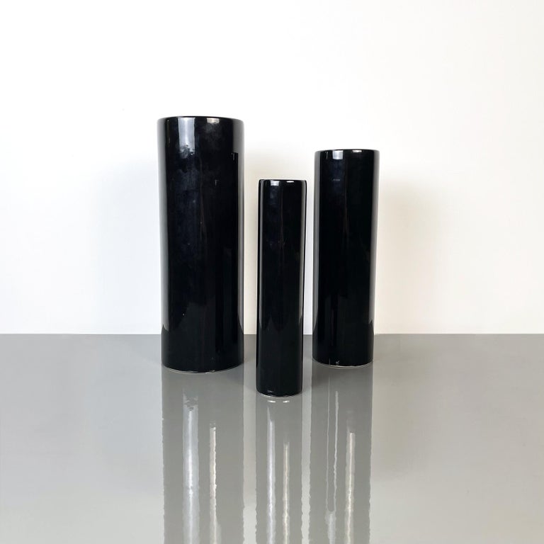 Italian Modern Cylindrical Vases in Black Glazed Ceramic by Milesi ...