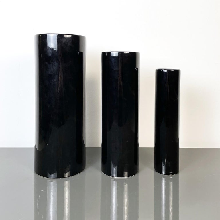 Italian Modern Cylindrical Vases in Black Glazed Ceramic by Milesi ...