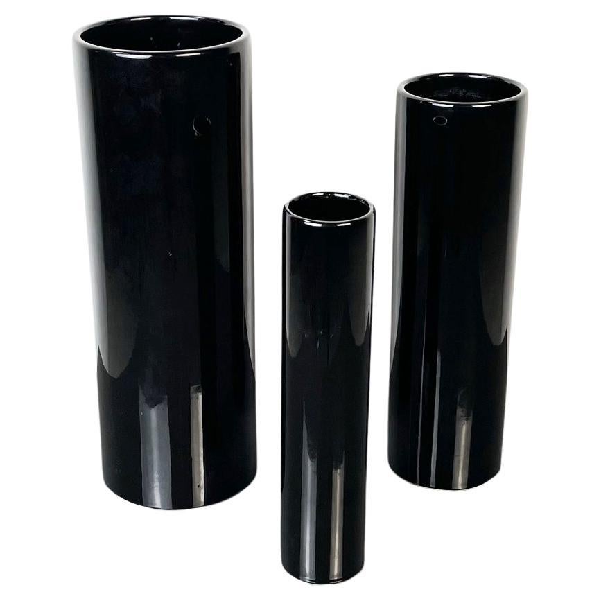 Italian Modern Cylindrical Vases in Black Glazed Ceramic by Milesi ...