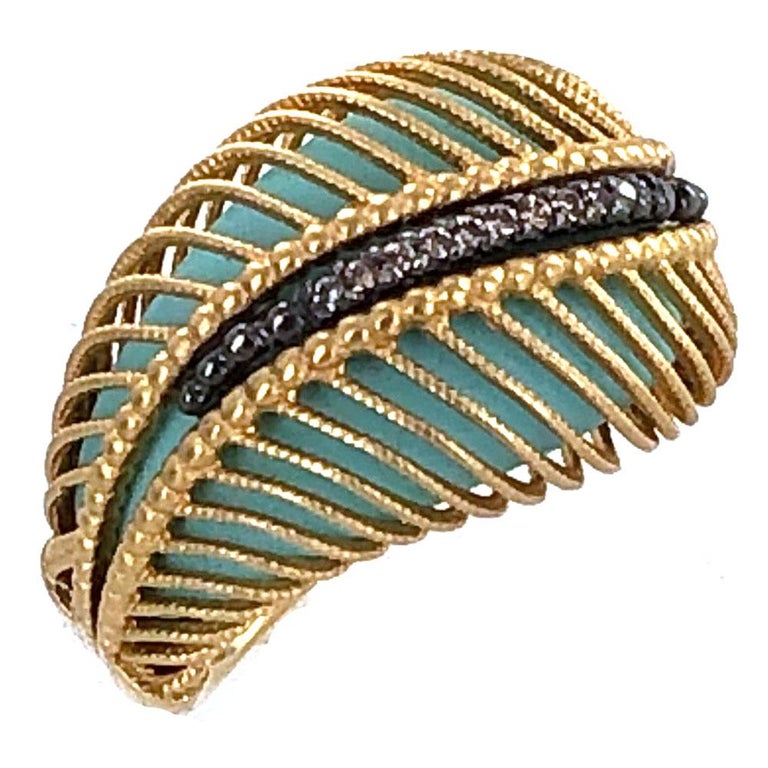 Italian Modern Diamond Turquoise 18 Karat Yellow Gold Ring Signed Pomi ...