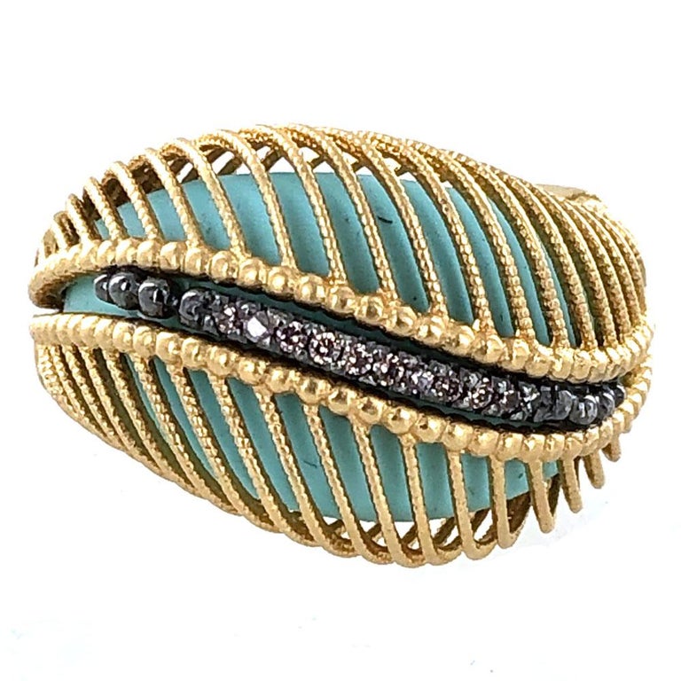 Italian Modern Diamond Turquoise 18 Karat Yellow Gold Ring Signed Pomi ...