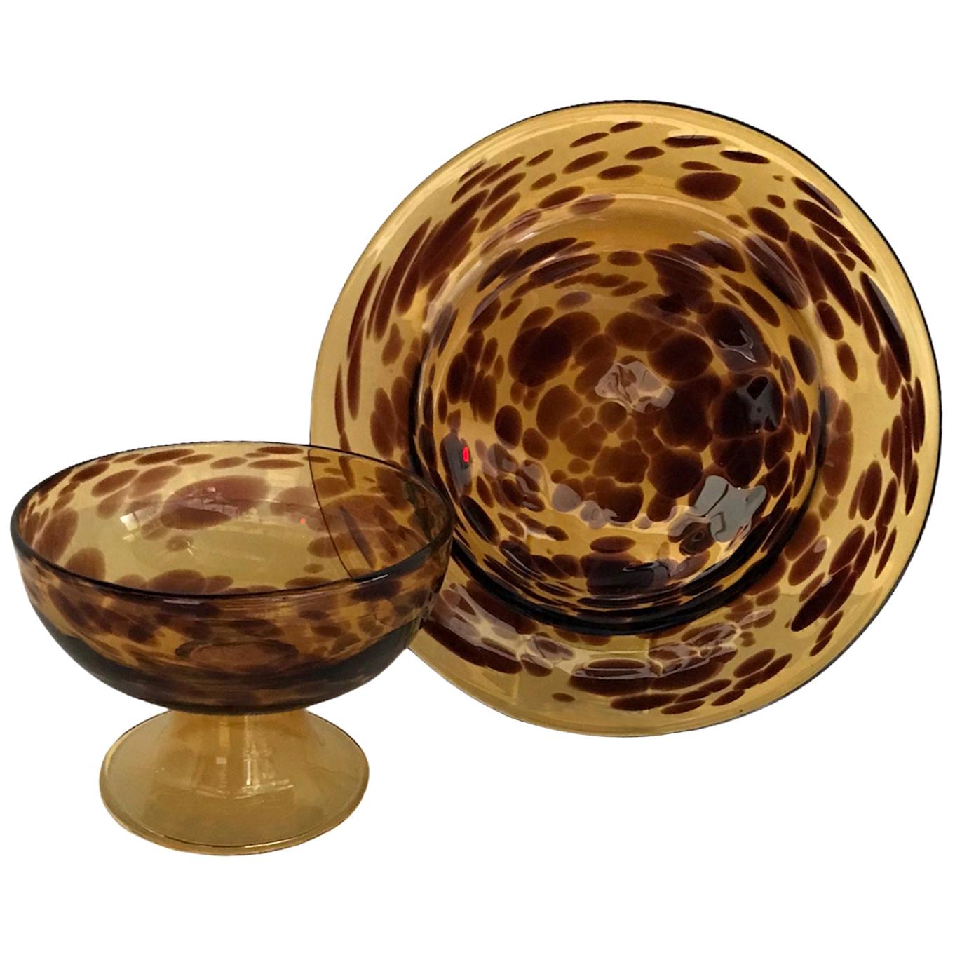 Italian Modern Faux Tortoise Shell Blown Glass Bowl and Large Platter ...