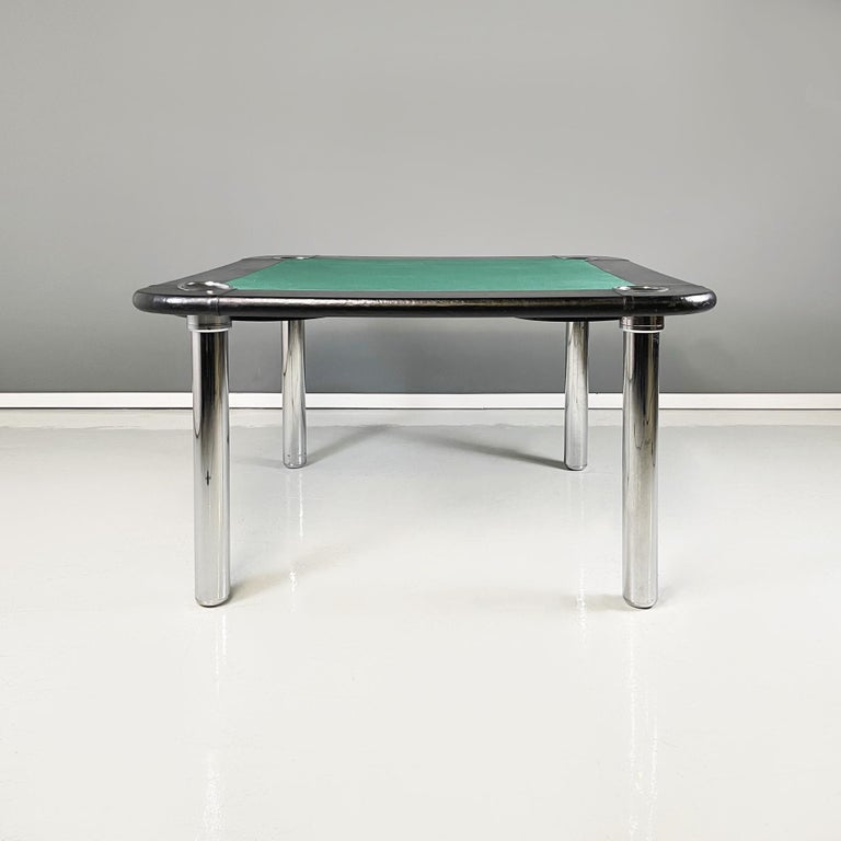 Italian Modern Game Table in Green Fabric Black Leather and Chromed ...