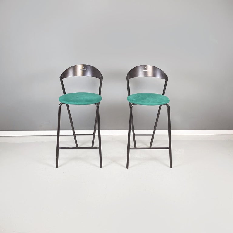 Italian Modern High Bar Stools by Fly Line in Black Metal Green Velvet ...