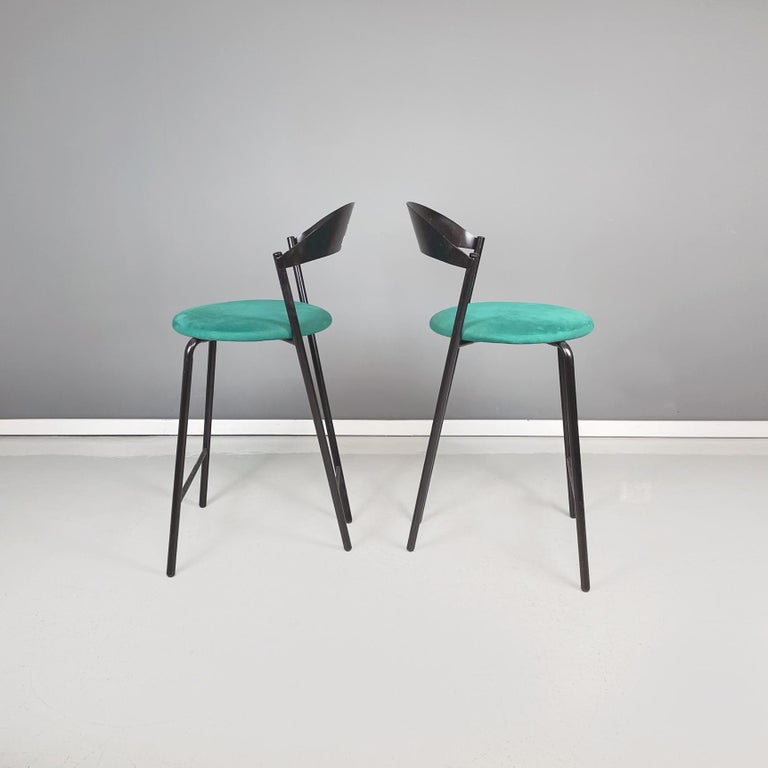 Italian Modern High Bar Stools by Fly Line in Black Metal Green Velvet ...