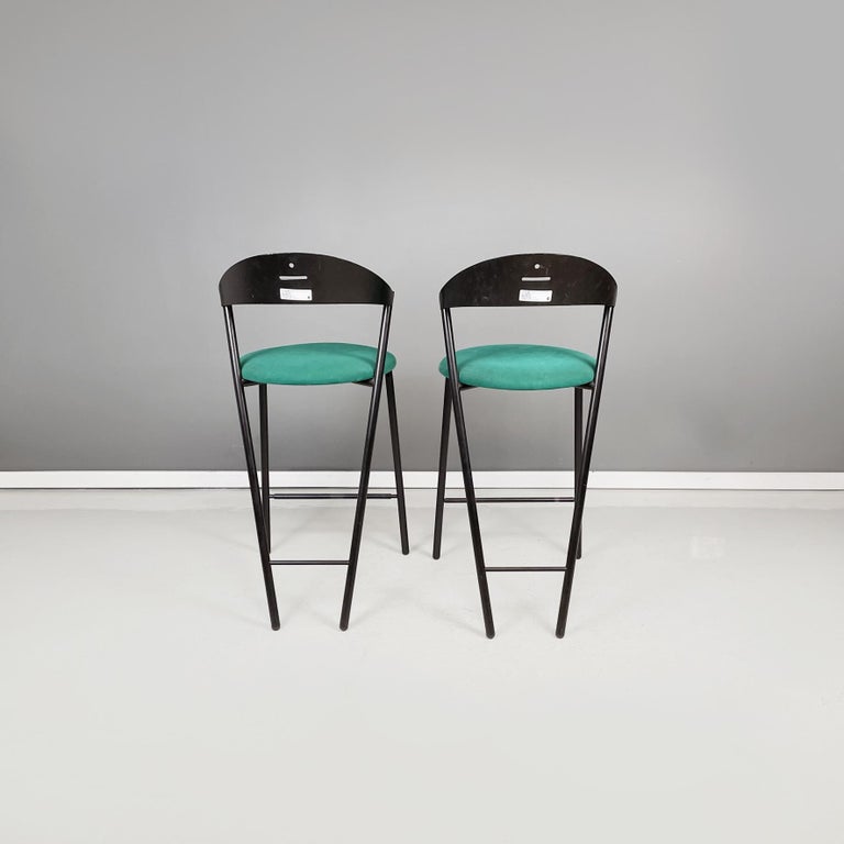 Italian Modern High Bar Stools by Fly Line in Black Metal Green Velvet ...