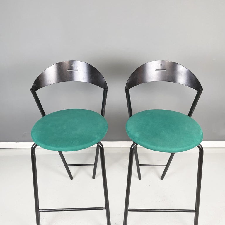 Italian Modern High Bar Stools by Fly Line in Black Metal Green Velvet ...
