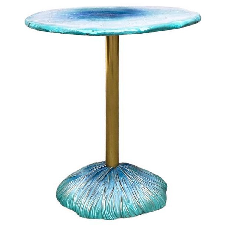 Italian Modern Light Blue Table, Brass and Ceramic with Engraved Design ...
