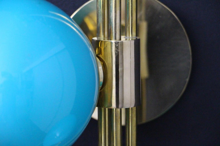 Modern Mid-Century Brass and Turquoise Tiffany Blue Glass Sconces, Wall ...