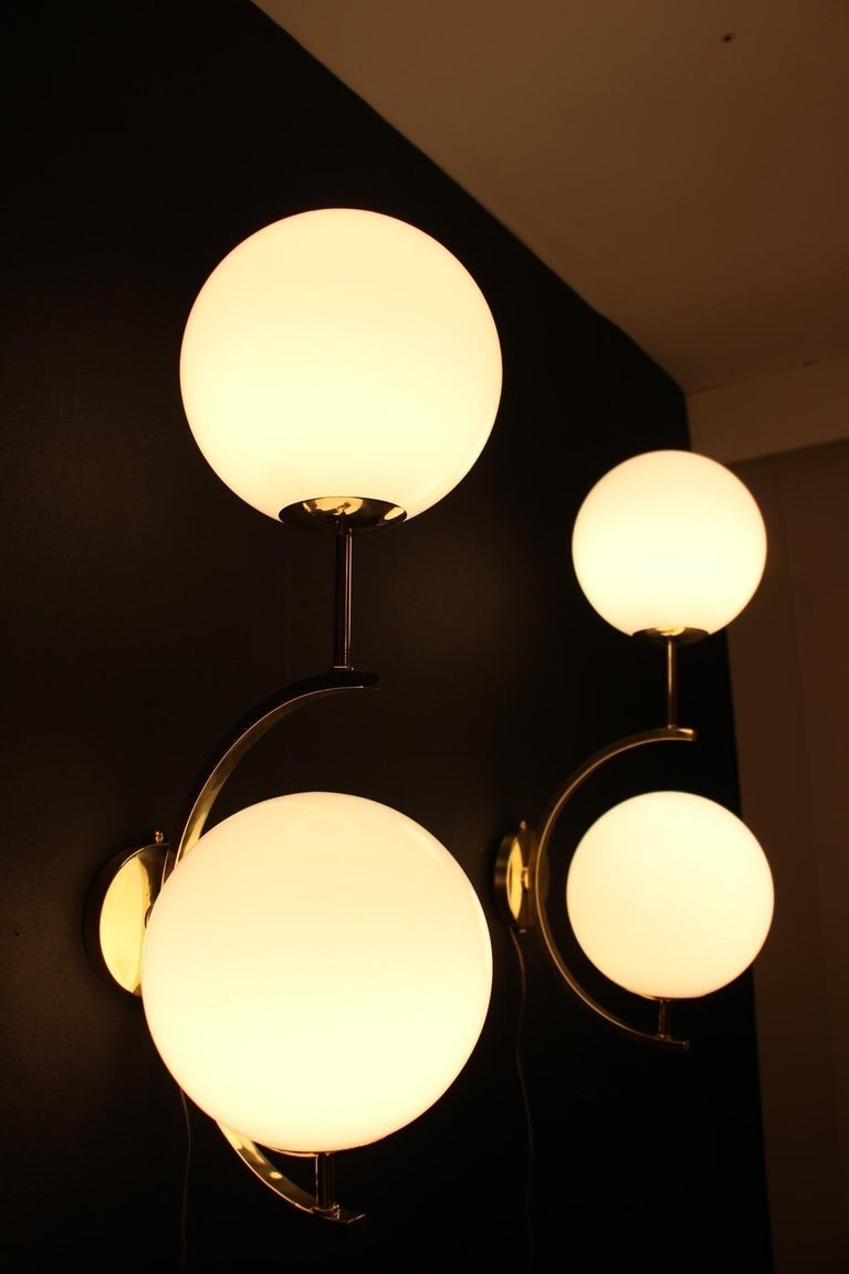 Italian Modern Midcentury Pair of Brass and White Glass Sconces For ...